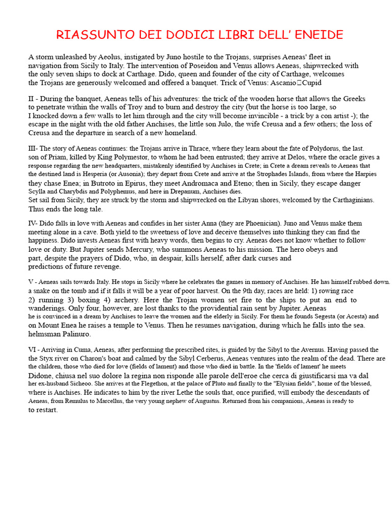 Summary of 12 Books of The Aeneid | PDF | Aeneid | Aeneas