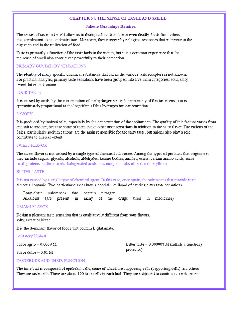 SUMMARY OF CHAPTER 54 PHYSIOLOGY - SENSE OF TASTE AND SMELL | PDF ...