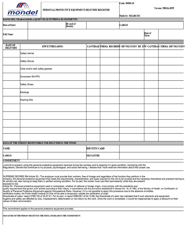 PPE Delivery Register Template | PDF | Personal Protective Equipment ...