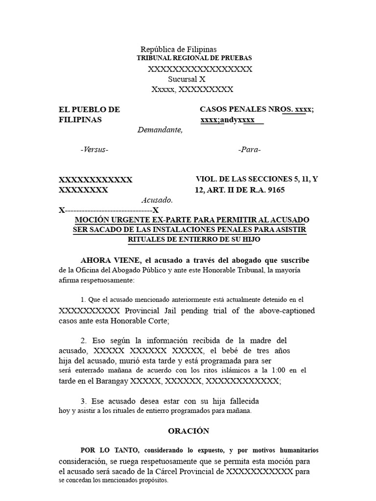 Moción para permitir que el acusado asista al entierro (Ejemplo).docx ...