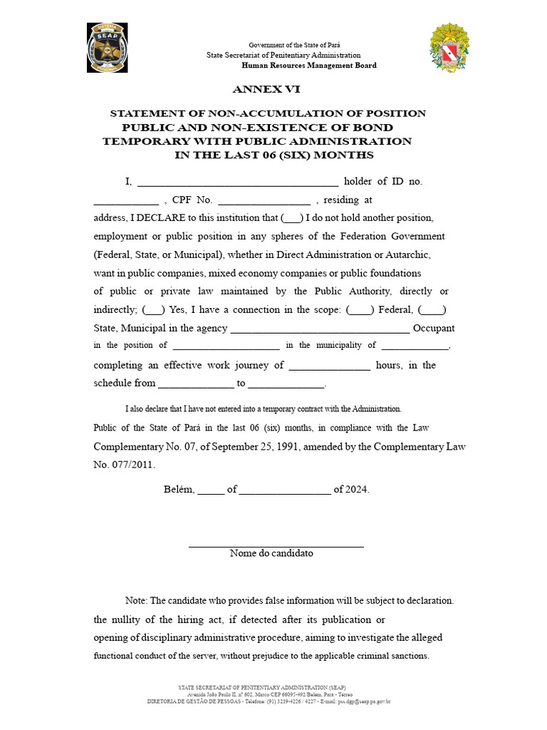 Declaration of Non-Cumulative Position | PDF
