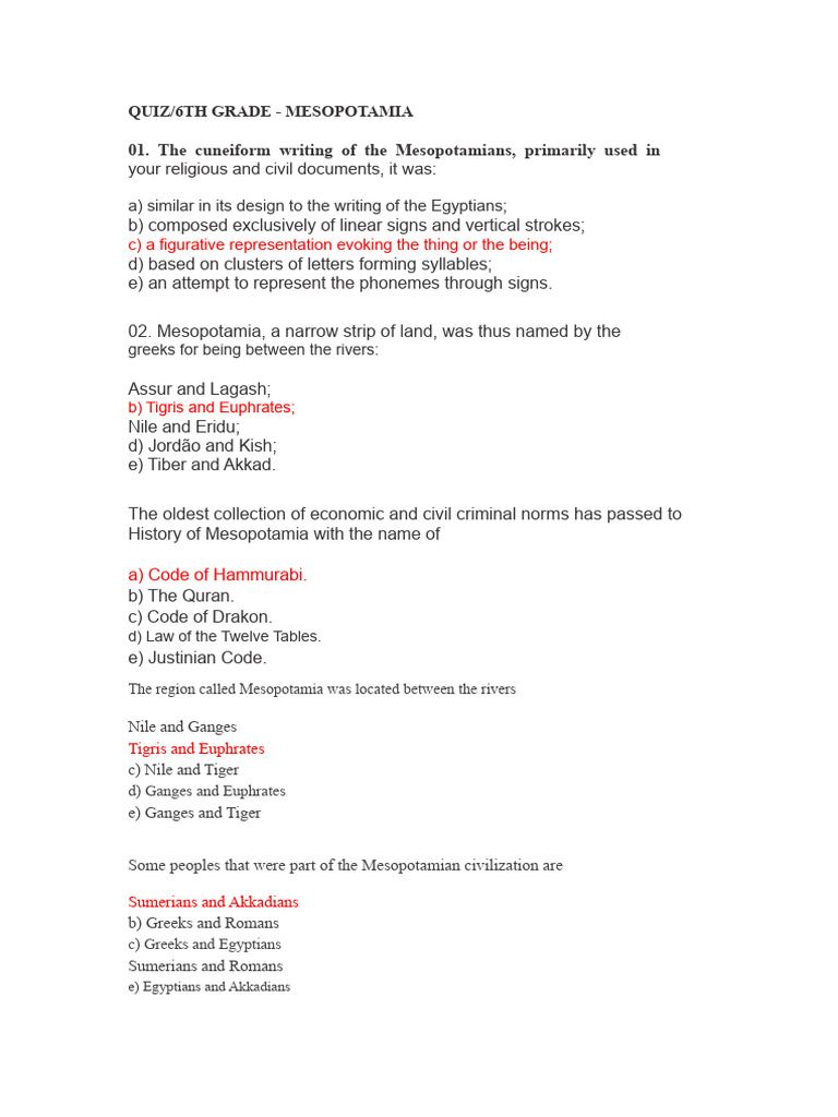 Quiz - History 6TH Grade Mesopotamia | PDF