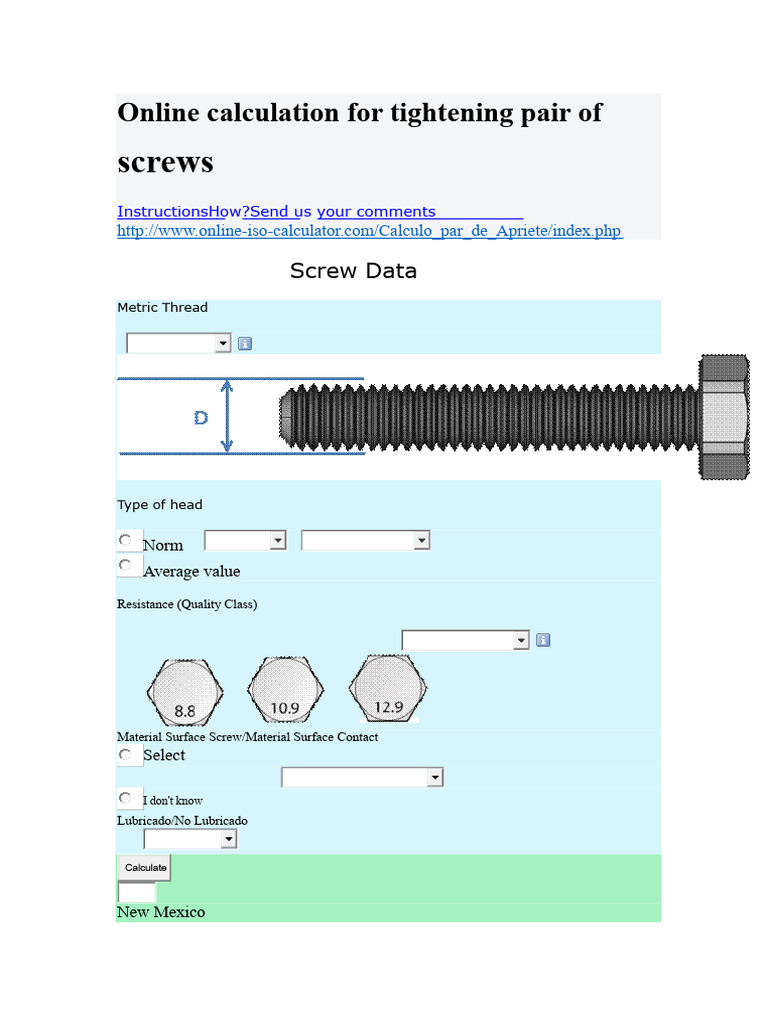 Online Calculation of Screw Torque | PDF | Screw | Mechanical Engineering