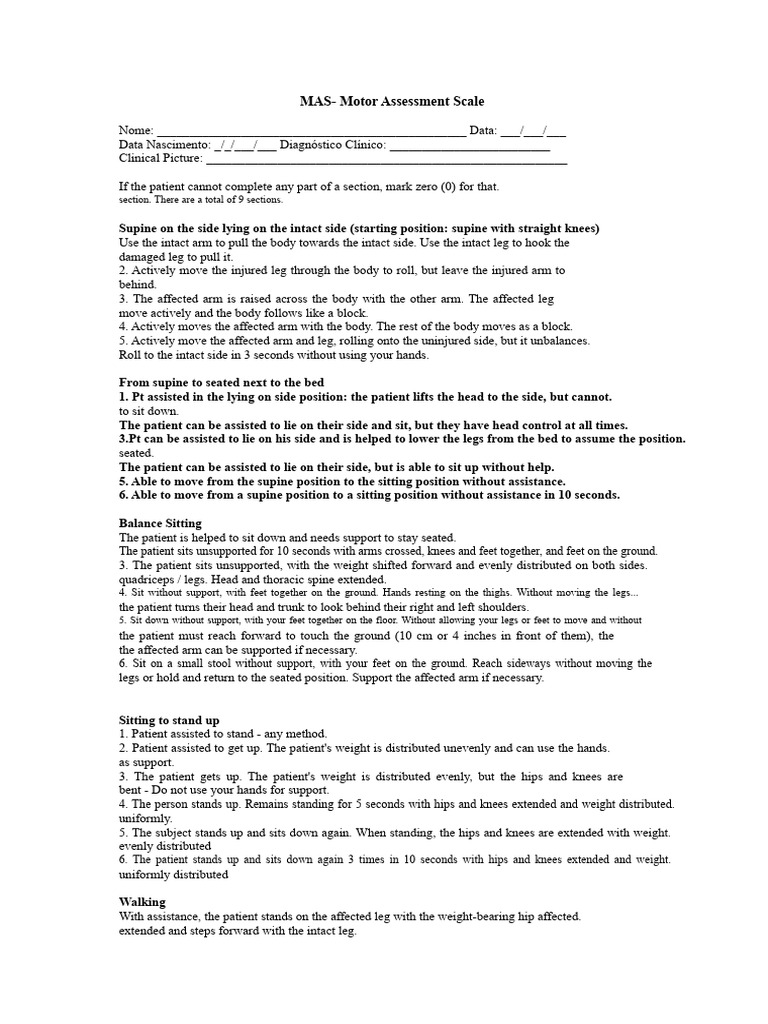 Motor Assessment Scale for Stroke Recovery | PDF | Anatomical Terms Of ...