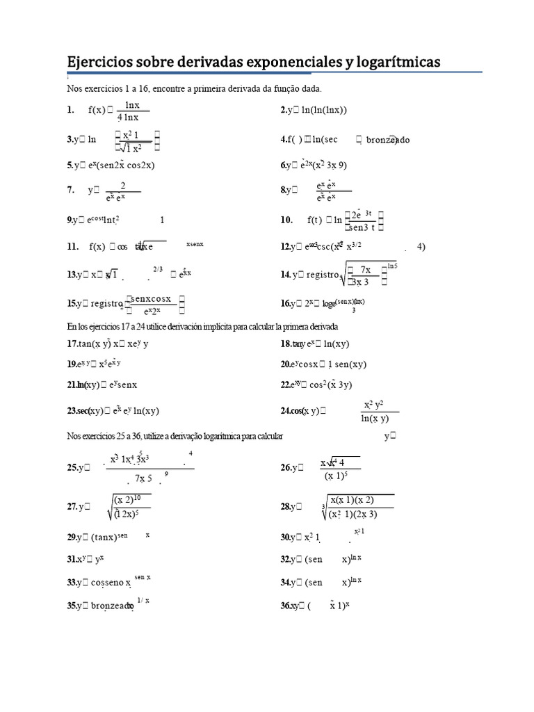 Ejercicios de Derivadas Exponenciales y Logarítmicas | PDF | Logaritmo ...