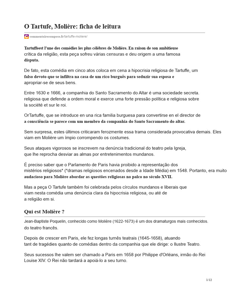 Análise de O Tartufe, Molière: Hipocrisia e Crítica | PDF | Molière