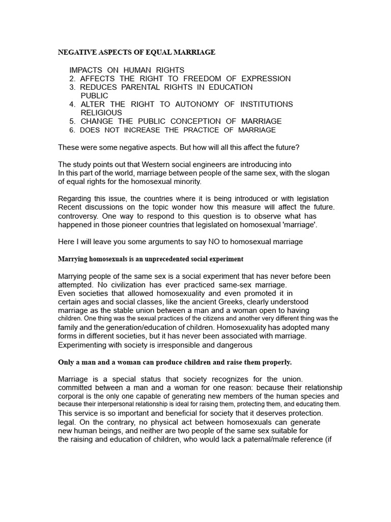 NEGATIVE ASPECTS OF EQUAL MARRIAGE PROS AND CONS.docx | PDF | Marriage ...