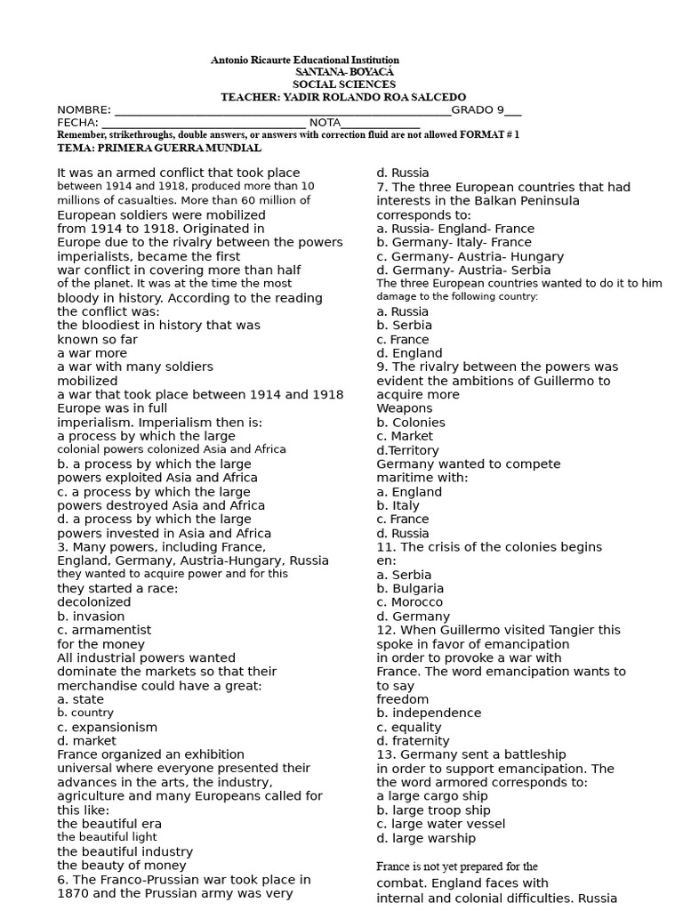 World War I Evaluation Grade 9-2015 | PDF | Austria Hungary | German Empire