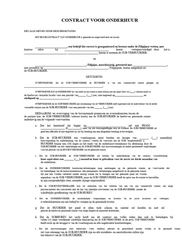 Huurovereenkomst Voor Onderhuur - Voorbeeld | PDF