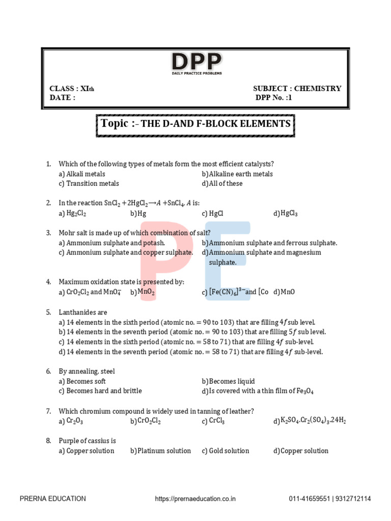 D F Block Elements DPP 1 | PDF | Silver | Metals