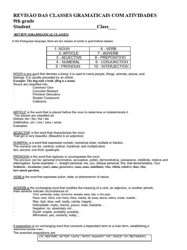 REVIEW OF GRAMMATICAL CLASSES WITH ACTIVITIES AND ANSWER KEY | PDF ...