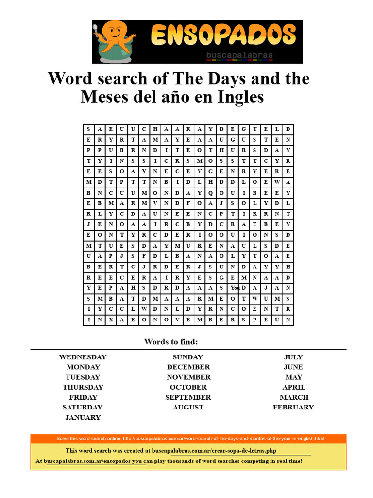 Word Search of The Days and Months of The Year in English | PDF