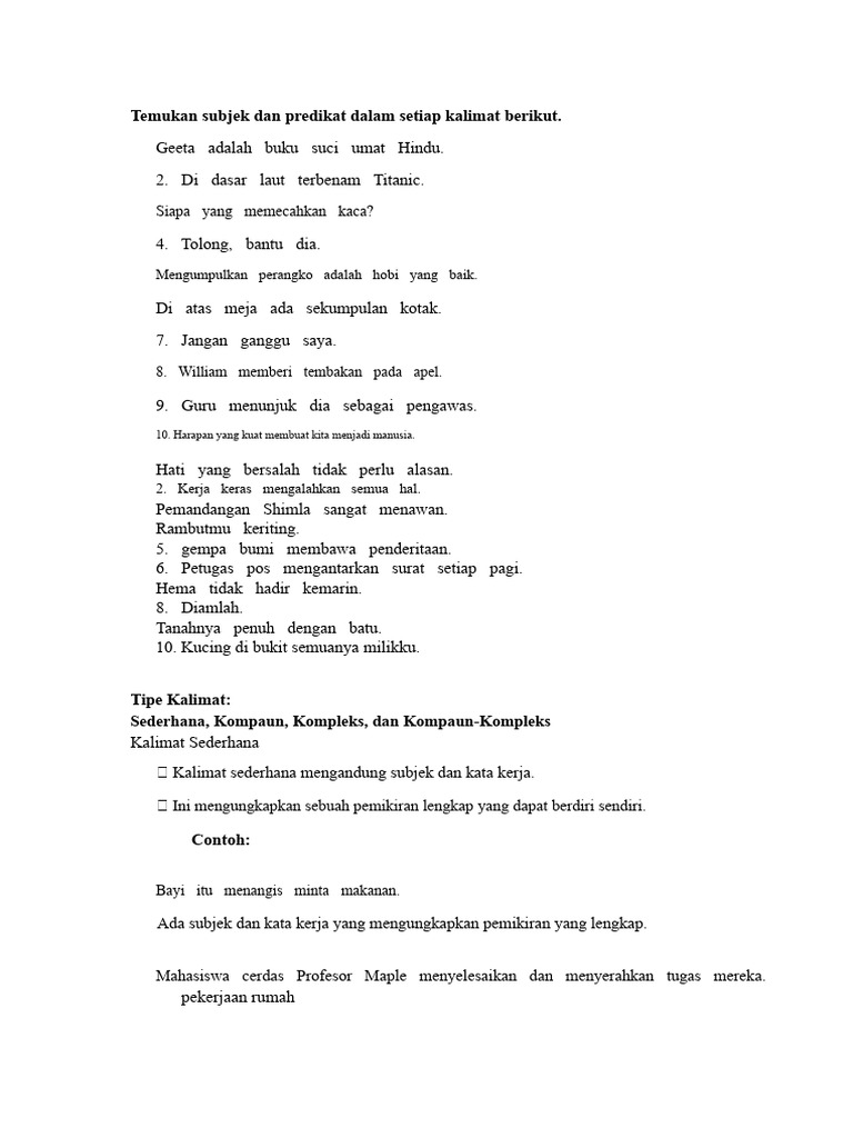 Identifikasi Subjek dan Predikat Kalimat | PDF