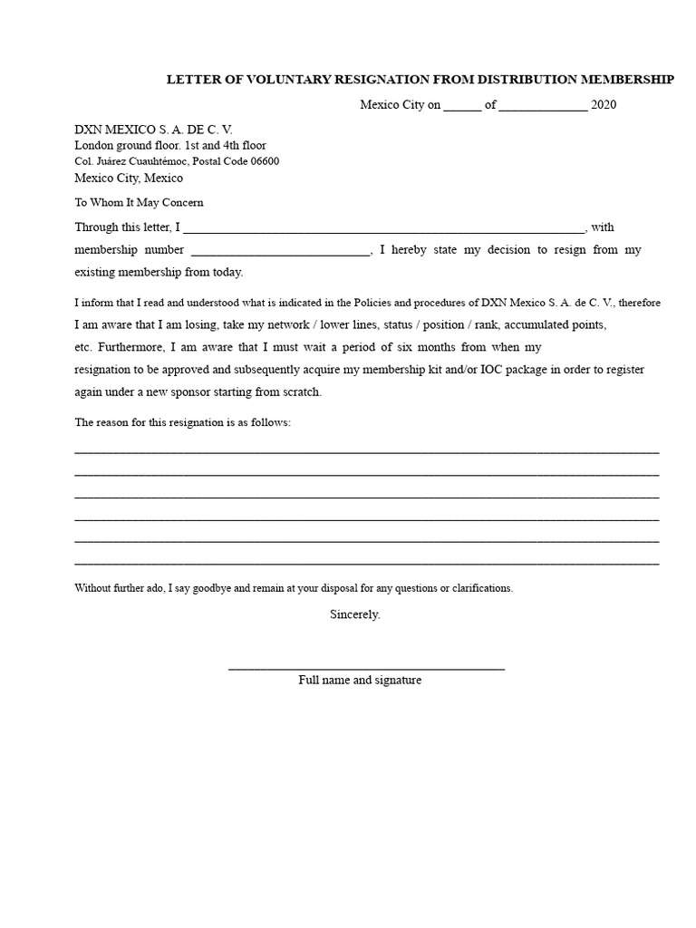 Letter of Voluntary Resignation From Distribution Membership | PDF