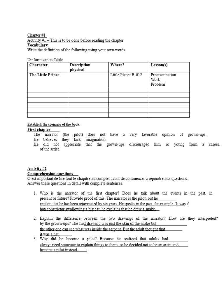 B - 2.1 The Little Prince Vocabulary and Comprehension Questions For ...