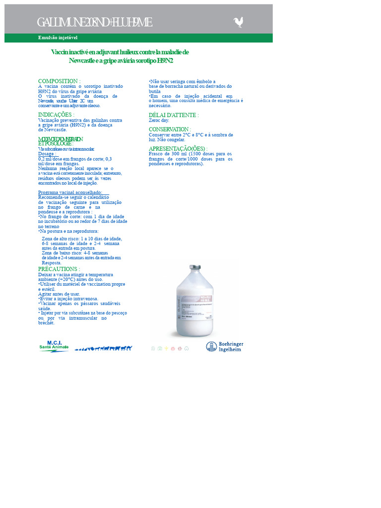 Vacina GALLIMUNE 208 ND+FLU H9N2 | PDF