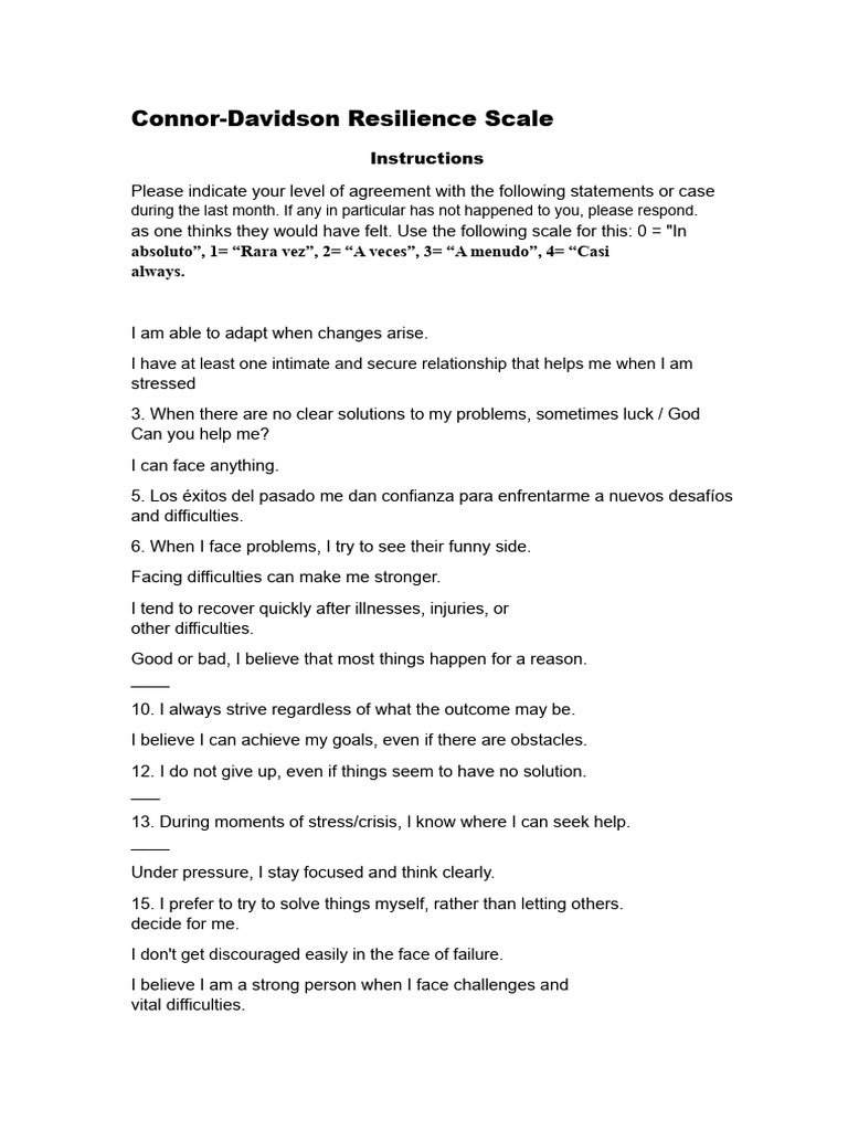 Connor-Davidson Resilience Scale Guide | PDF | Psychological Resilience ...