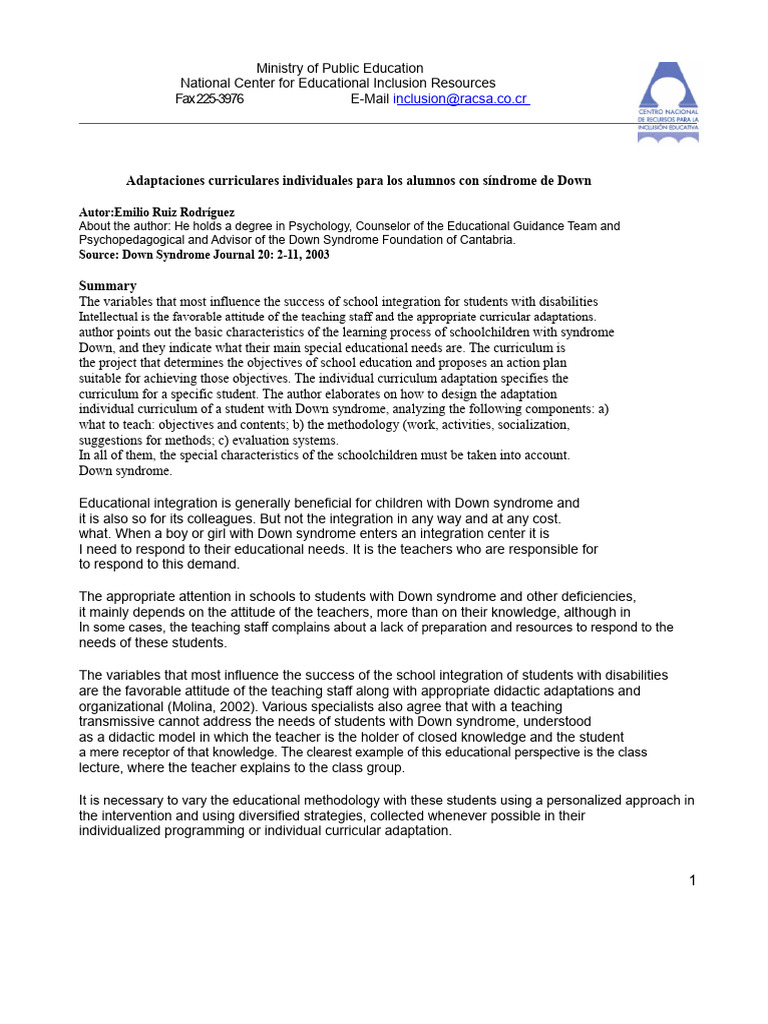 Curriculum Adaptation For Students With Down Syndrome | PDF ...