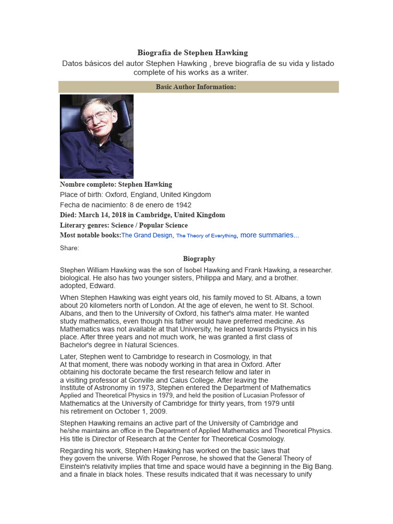 Biography of Stephen Hawking | PDF | Stephen Hawking | Theoretical Physics
