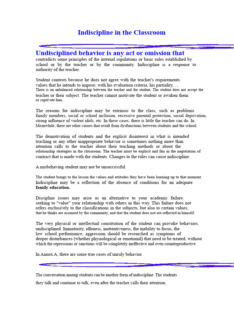 Indiscipline in The Classroom | PDF | Teachers | Attitude (Psychology)