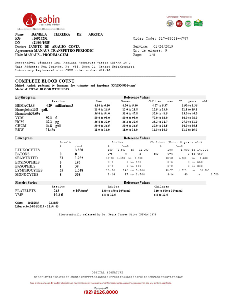 BLOOD TEST DANIELA 2019.pdf | PDF | Cholesterol | White Blood Cell