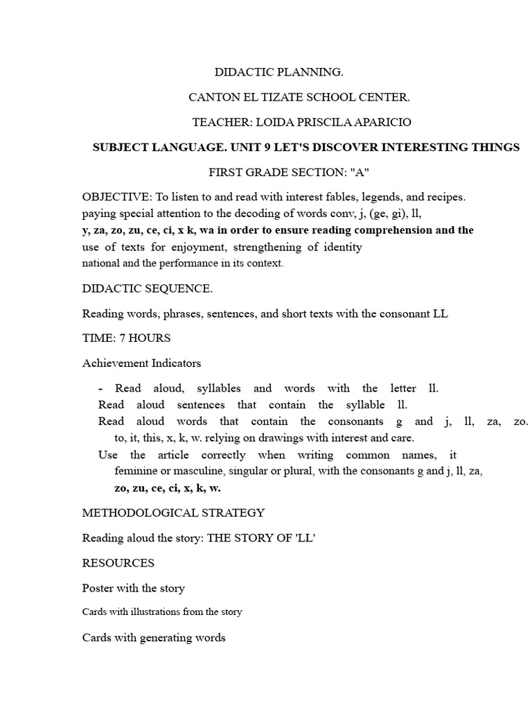 Didactic Planning of La Ll | PDF | Word | Grammatical Gender