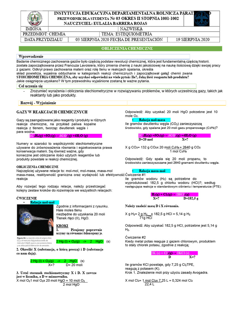 04 Przewodnik Po Nauce - Obliczenia Stechiometryczne - Dziesiąta Klasa ...