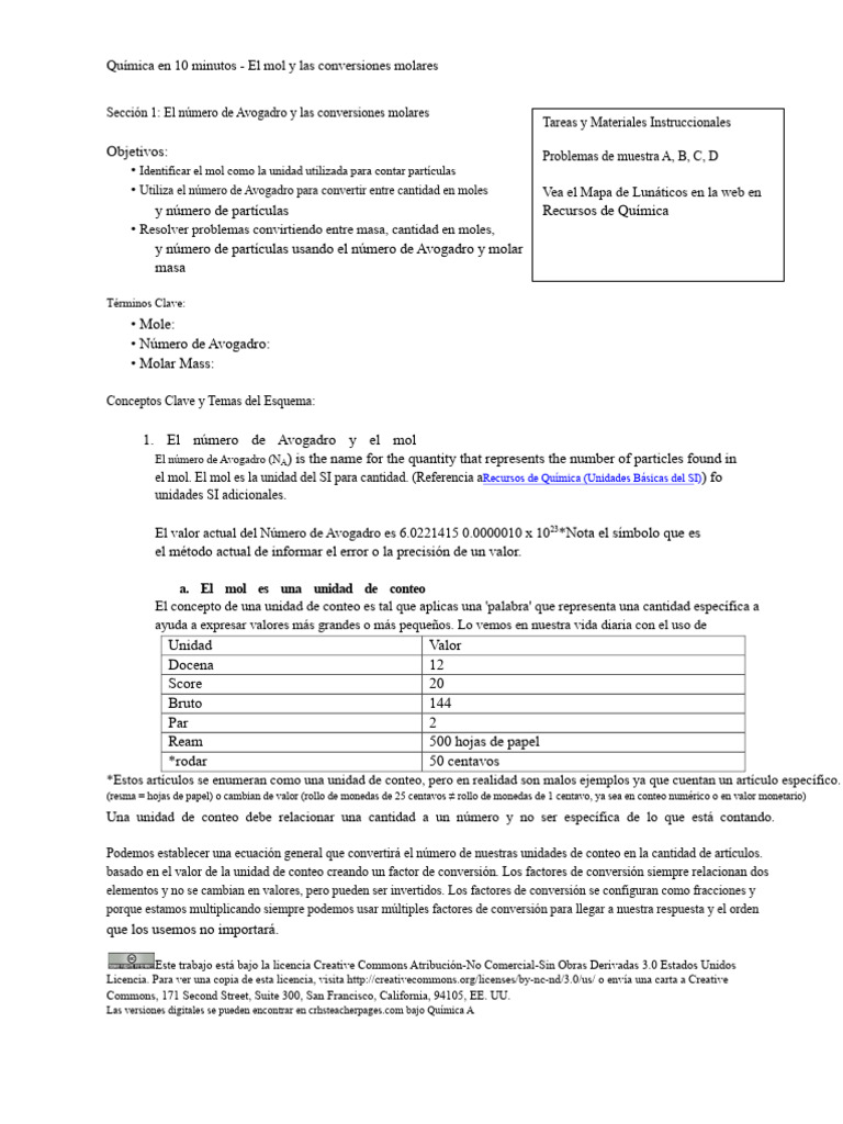 El Número de Avogadro y Conversiones Molares | PDF | Mole (Unidad) | Masa