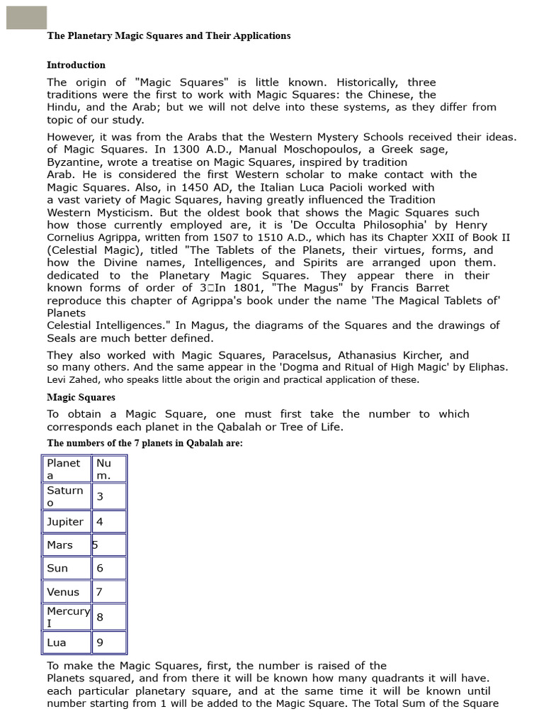 Planetary Magic Squares Explained | PDF | Planets | Hermetic Qabalah