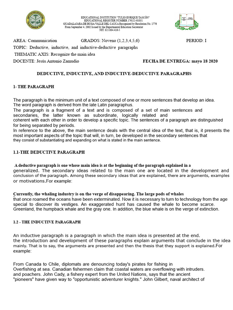 Deductive, Inductive, and Inductive-Deductive Paragraphs | PDF ...