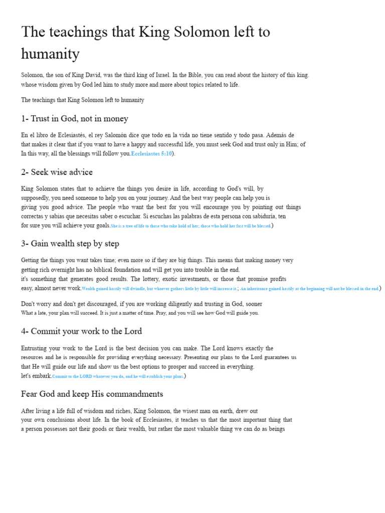 The Teachings That King Solomon Left To Humanity | PDF | Solomons ...