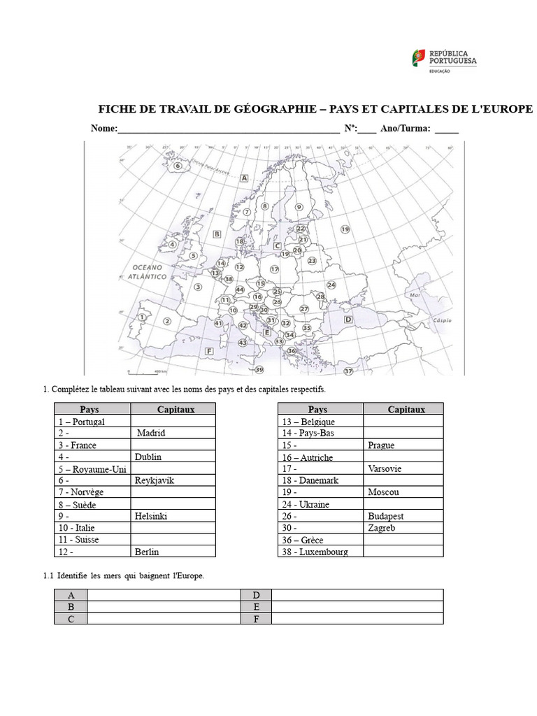 Pays et capitales d'Europe : Fiche de travail | PDF | Ouverture (échecs ...