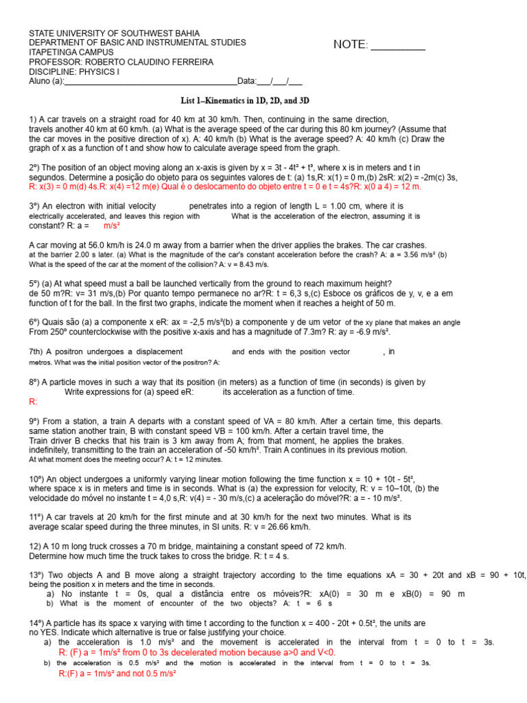 List 1 - Kinematics - Physics I - Motion in 1D, 2D, and 3D. | PDF ...