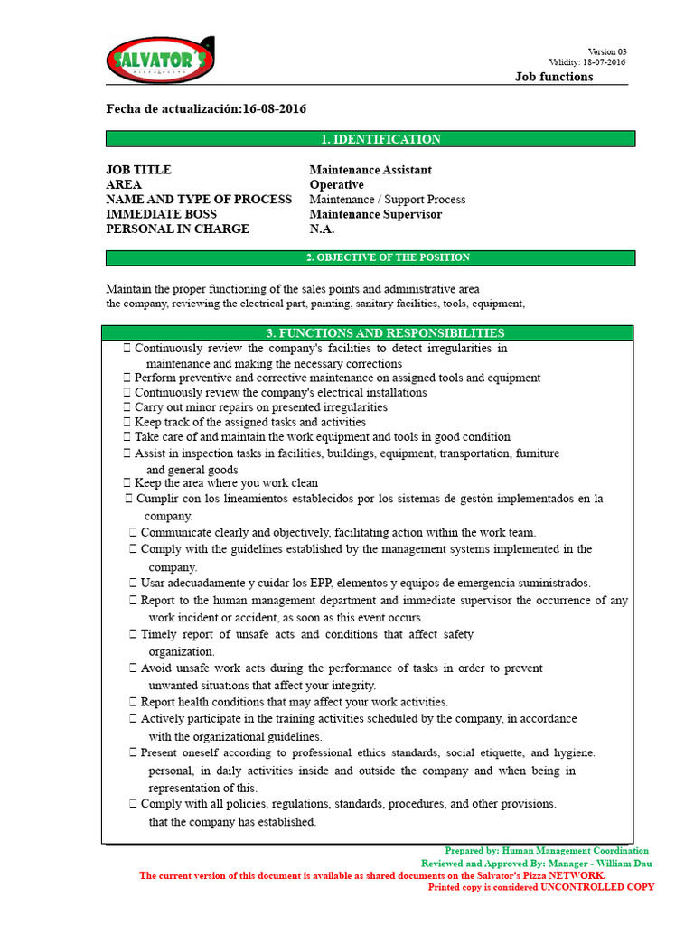 Maintenance Assistant Job Description | PDF | Safety