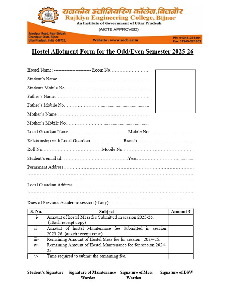 Hostel Allotment Form 2025-26 | PDF
