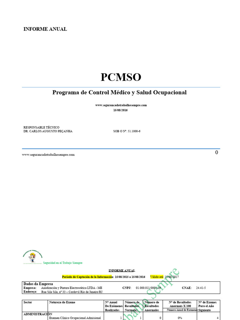 Modelo 2 Informe Anual Pcmso | PDF | Examen físico | Medicina CLINICA