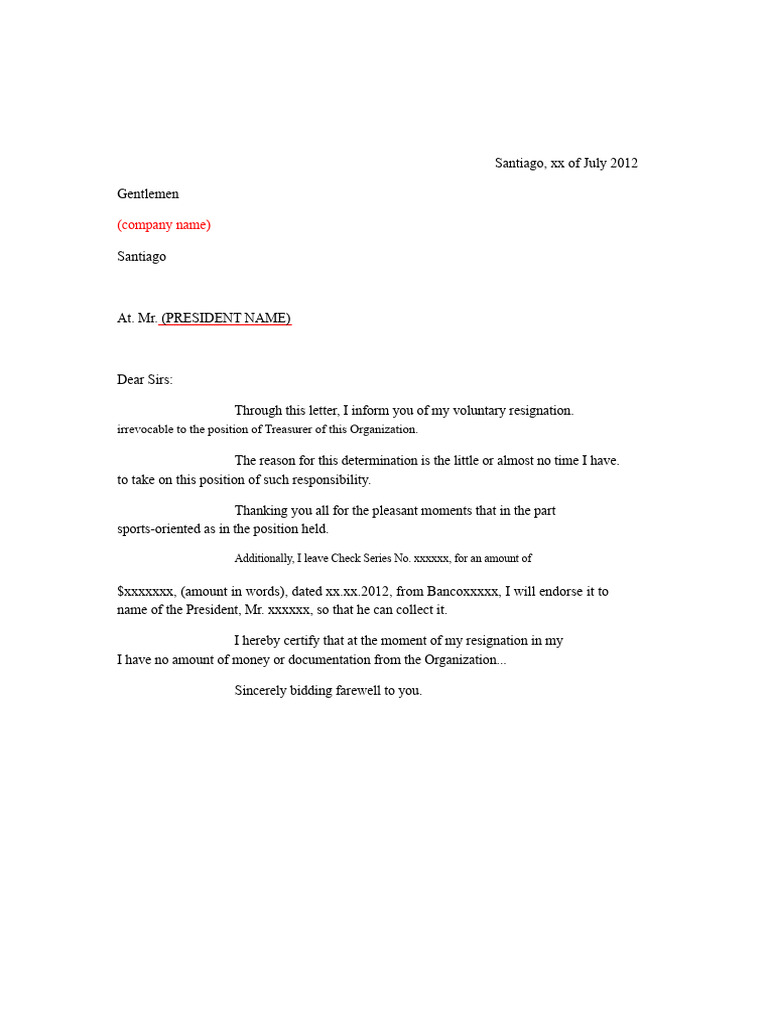 Resignation Letter Format For Treasurer | PDF