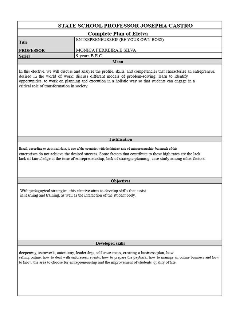 Elective Plan Model Josepha | PDF | Entrepreneurship | Learning