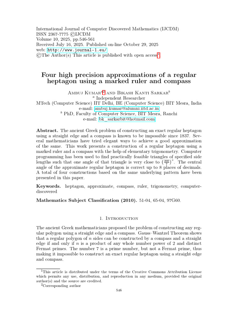 003 Four High Precision Approximations of A Regular Heptagon Using A Marked Ruler and Compass ...