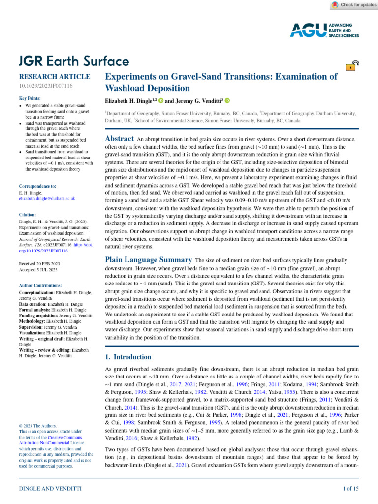 JGR Earth Surface - 2023 - Dingle - Experiments On Gravel Sand ...