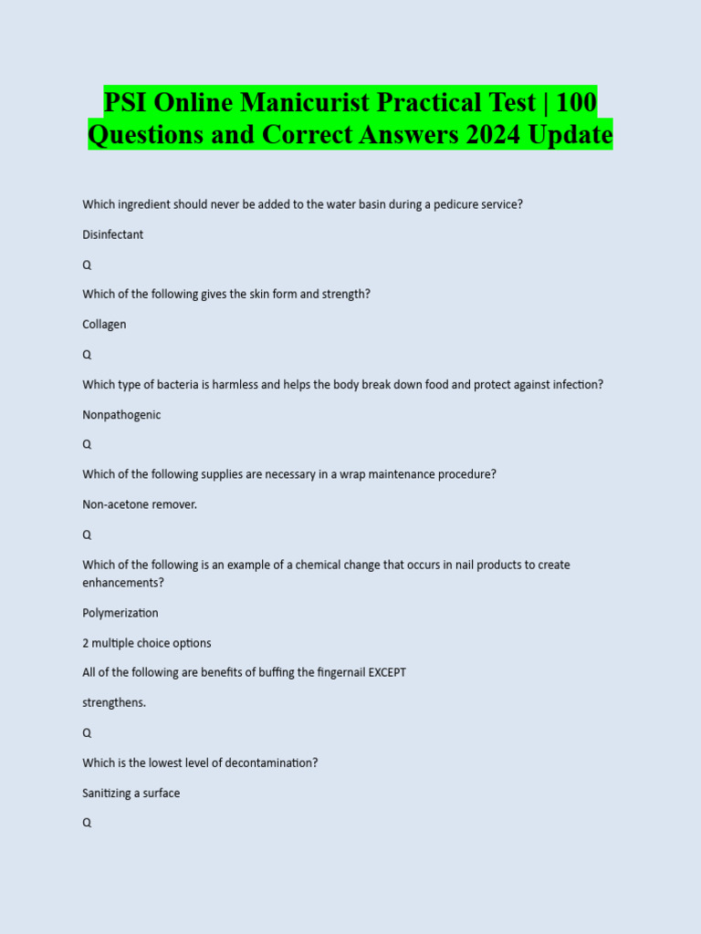 Manicurist Practical Test Questions 2024 | PDF | Nail (Anatomy ...
