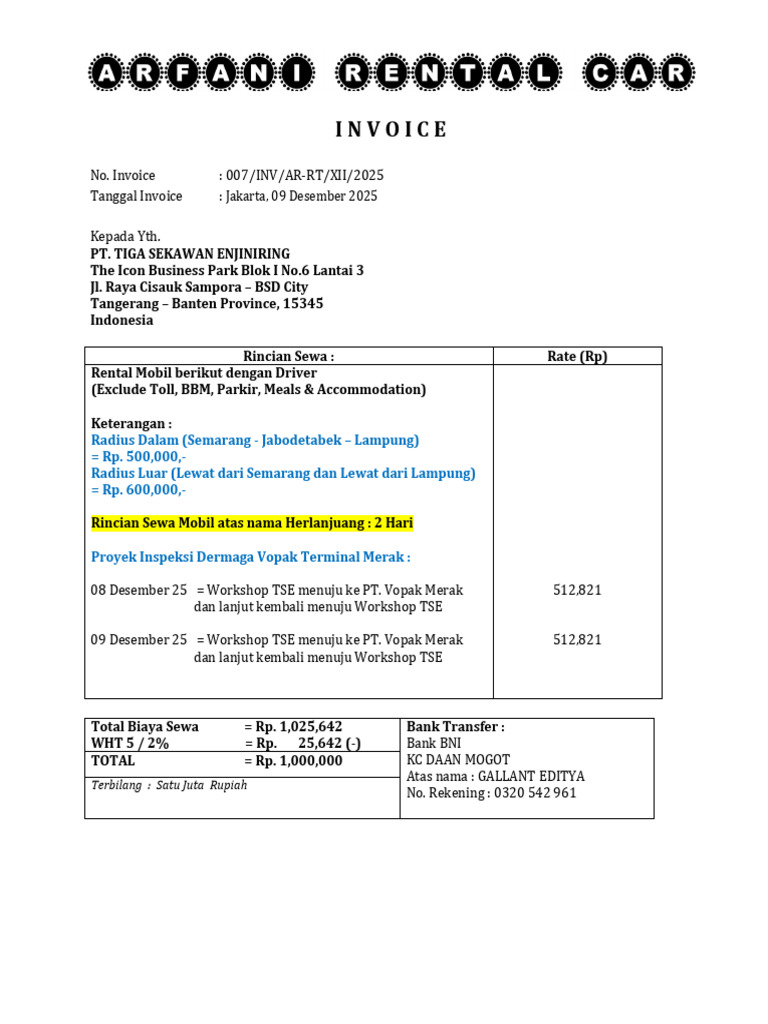 Invoice Sewa Mobil PT. Tiga Sekawan | PDF