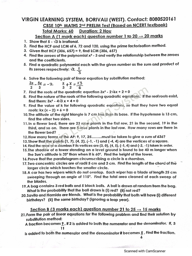 CBSE 10 Maths Practice Paper NCERT Based | PDF