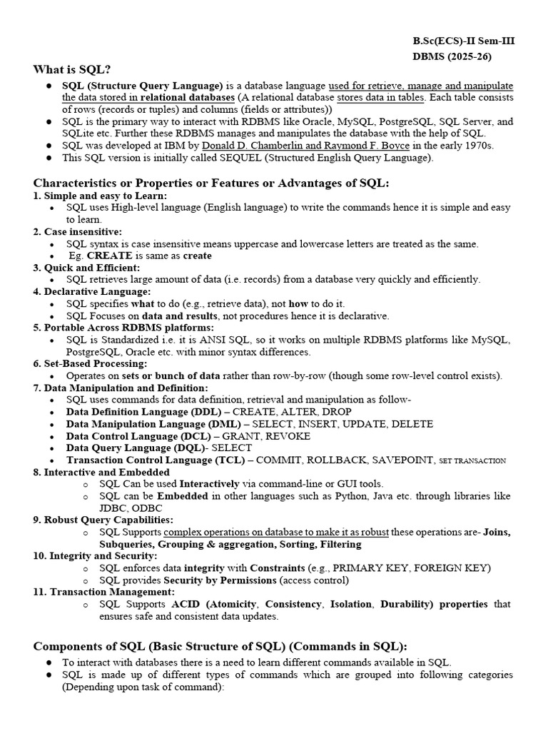 Unit I Intro SQL DDL DML TCL DCL Operators Built - Fun Clause Integrity ...