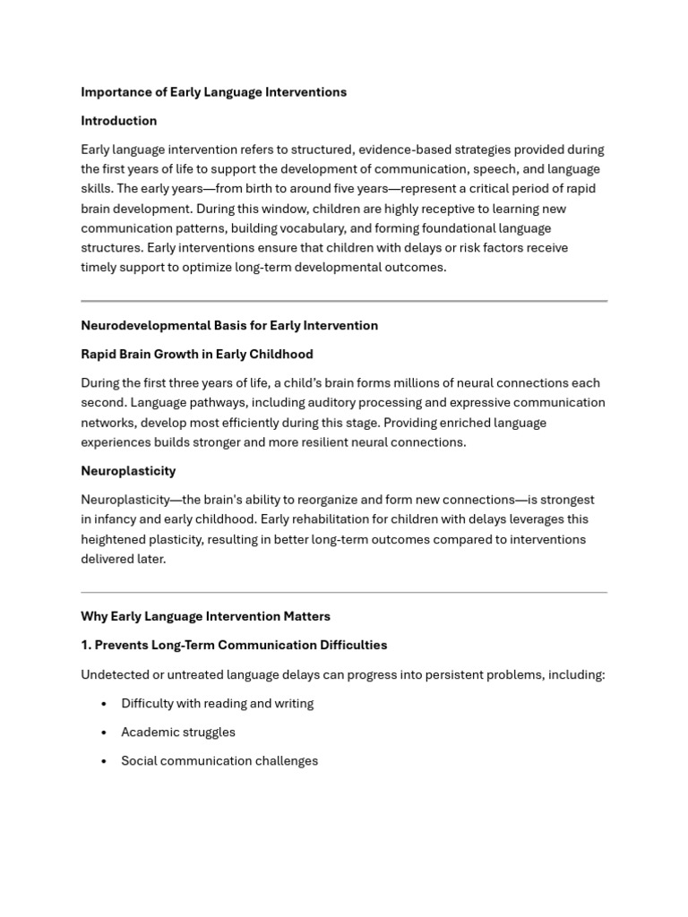Importance of Early Language Interventions | PDF | Neuroplasticity ...