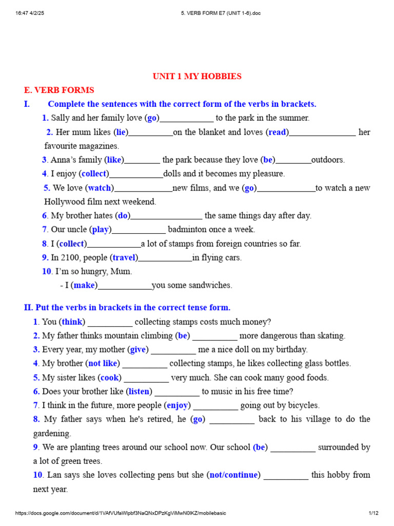 5. Verb Form e7 (Unit 1-6).Doc | PDF