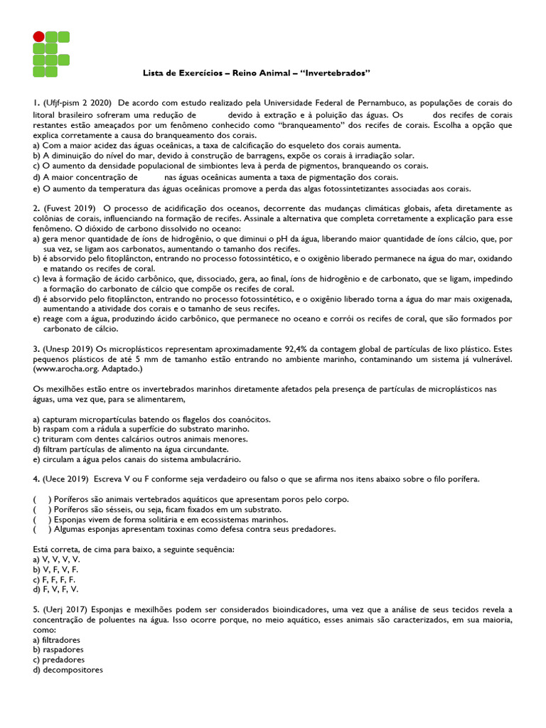 Lista de Exercícios Reino Animal Invertebrados (1) | PDF | Oceanos ...
