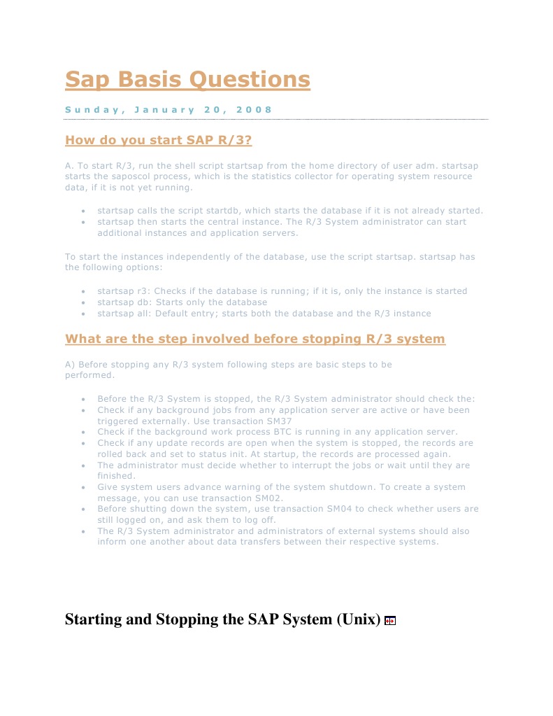 Sap Basis Questions: Starting and Stopping The SAP System (Unix) | Download Free PDF | Databases ...
