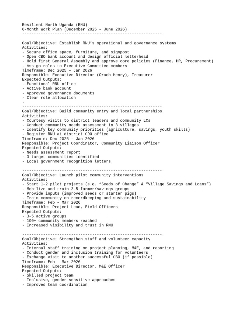 RNU 6 Month Work Plan Dec2025 Jun2026 | PDF