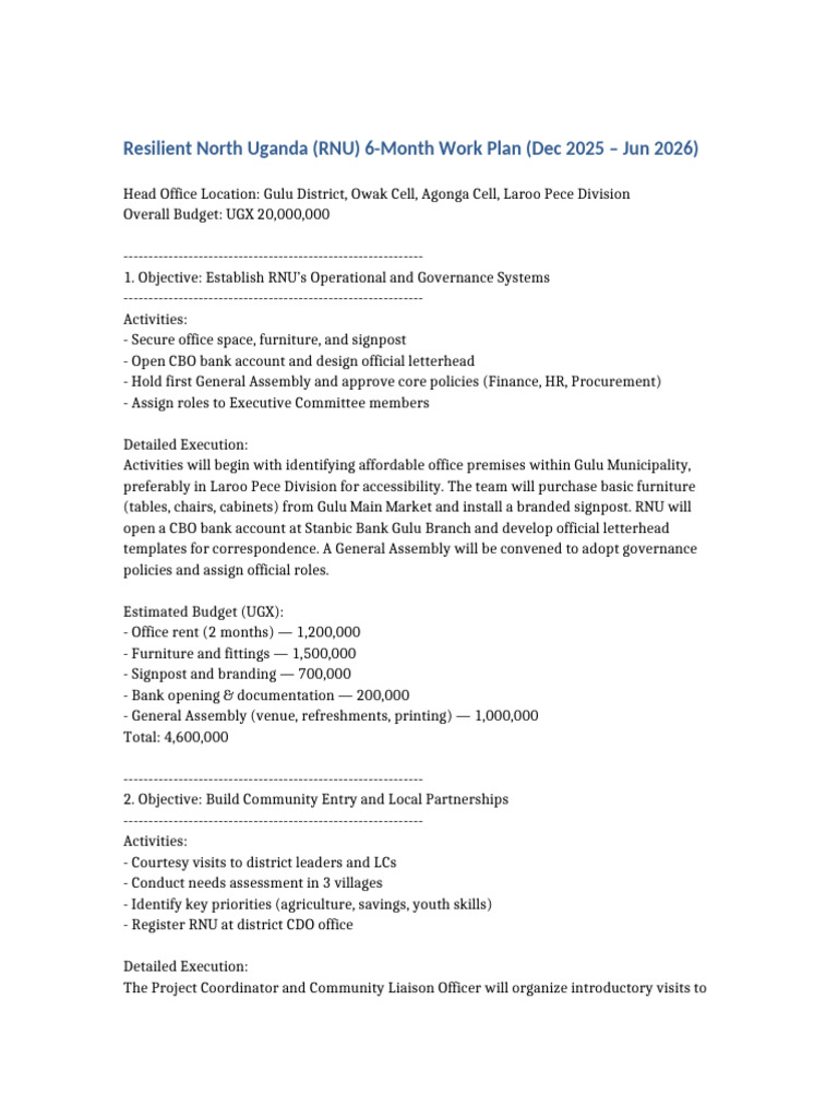 RNU 6-Month Work Plan for North Uganda | PDF
